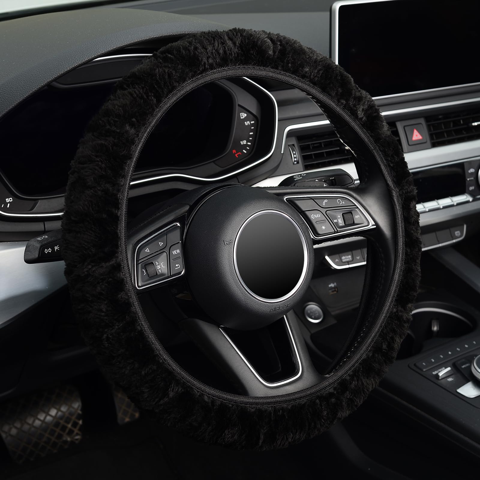 KAFEEK Elastic Long Microfiber Plush Steering Wheel Cover for Winter Warm, Universal 15 inch, Anti-Slip, Odorless, Black