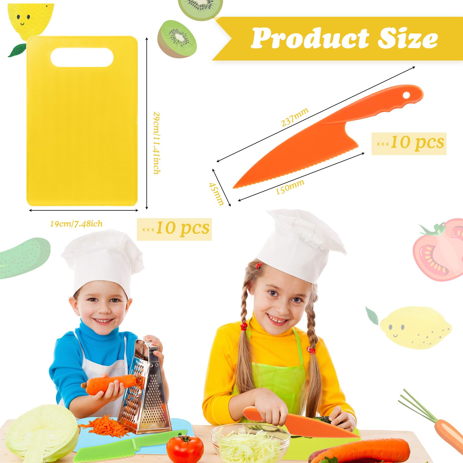 Yinkin 20 Pcs Kids Plastic Knife Set with Cutting Board Toddler Knife Tools, Including 10 Child Safe Knife 10 Kids Chopping Board Kids Cooking Utensils for Cooking Club, Preschool (Bright,Basic)