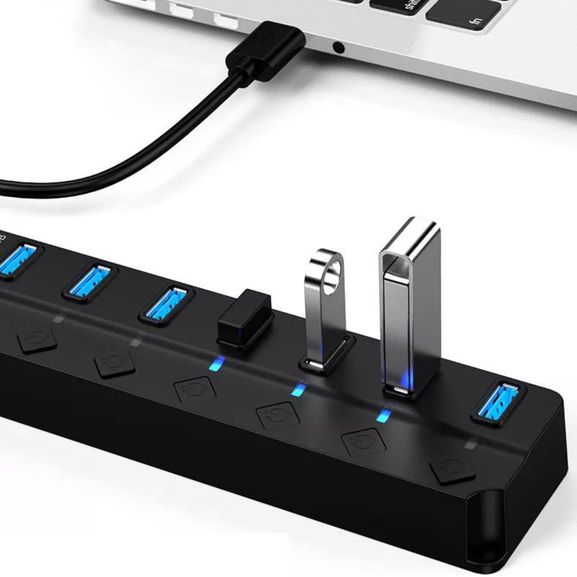 USB 3.0 Hub 7 Port Splitter with Individual On/Off LED Switches, High-Speed Data USB Extender Charging Station Extension for Laptop, USB Flash Drives, Mobile HDD, Printer, Camera and More