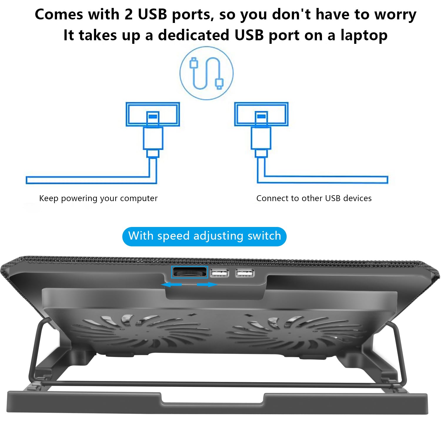 Laptop Cooling Pad, Cooler Pad Chill Mat 2 Quiet Fans LED Lights and 2 USB Ports 5 Height & with Adjustable Speed Mounts Metal Mesh Design, for 9"-17" Laptops(Black)