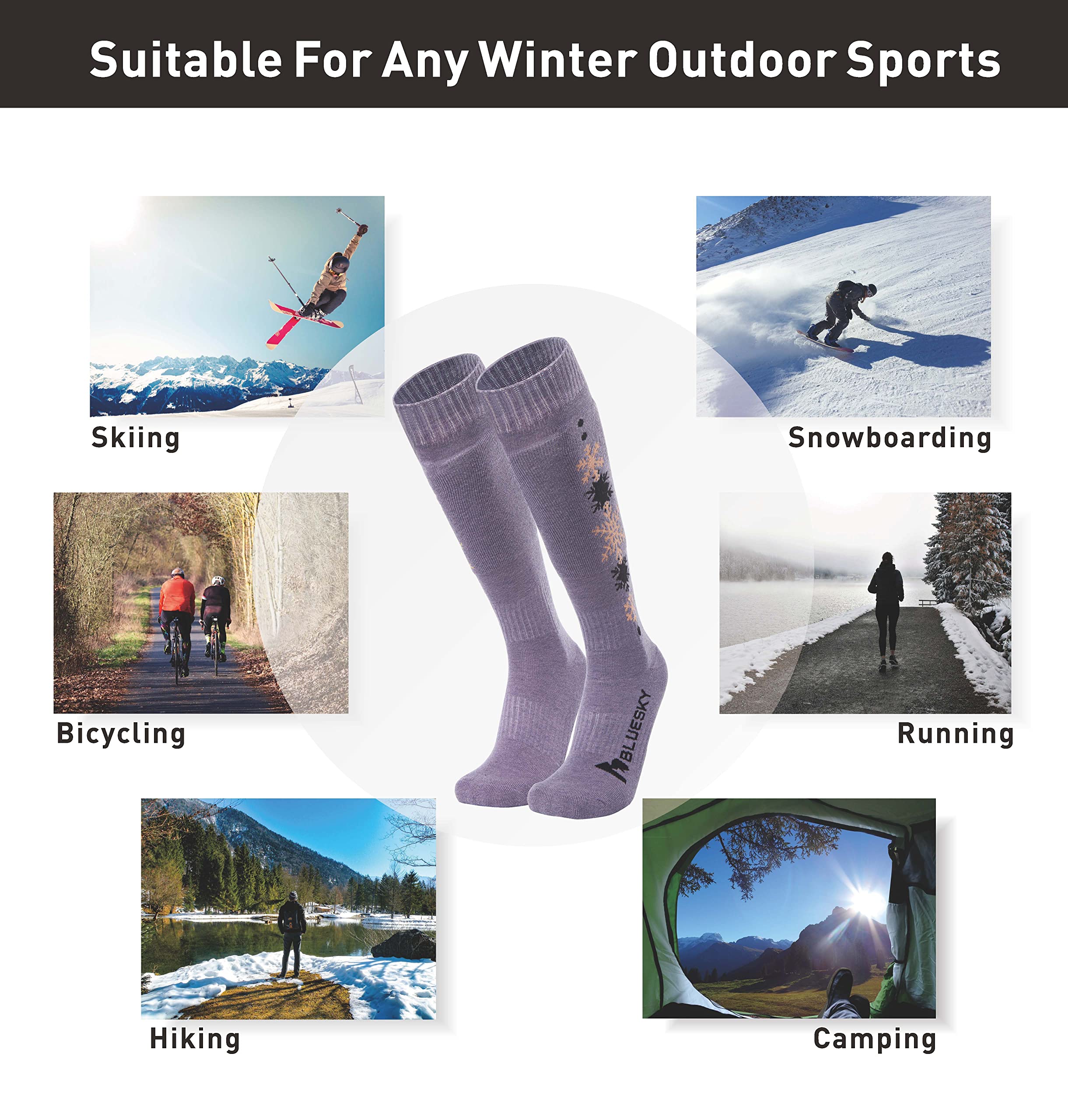 Merino Wool Ski Socks / Hiking Socks for Men&Women, Snowflake (Purple Medium)