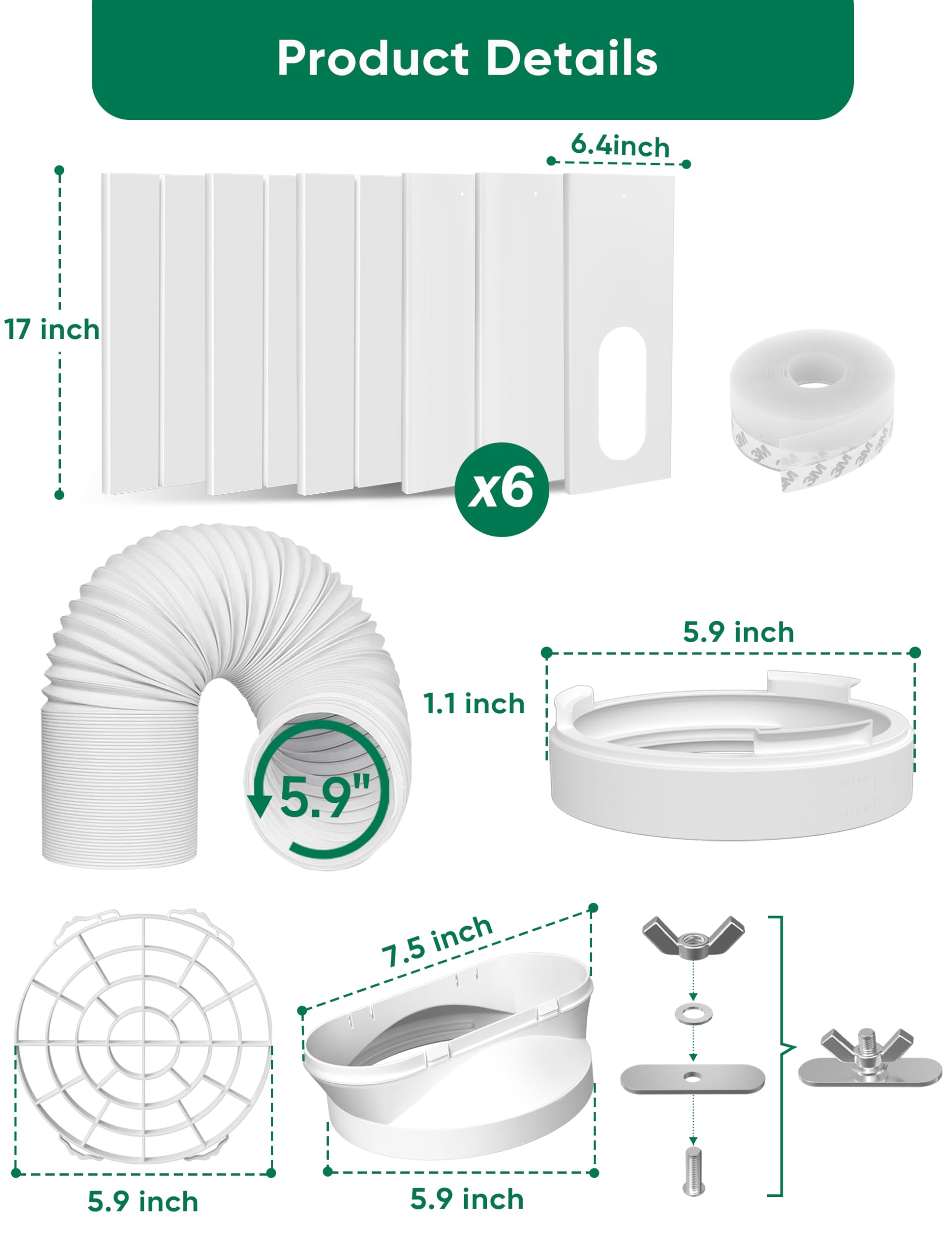 Plusluck Portable Air Conditioner Window Vent Kit, 12Pcs with 6 Slide Seal Plates & 5.9 Exhaust Hose, Adjustable Portable AC Window Kit for Ducting Universal for Sliding Horizontal & Vertical Windows
