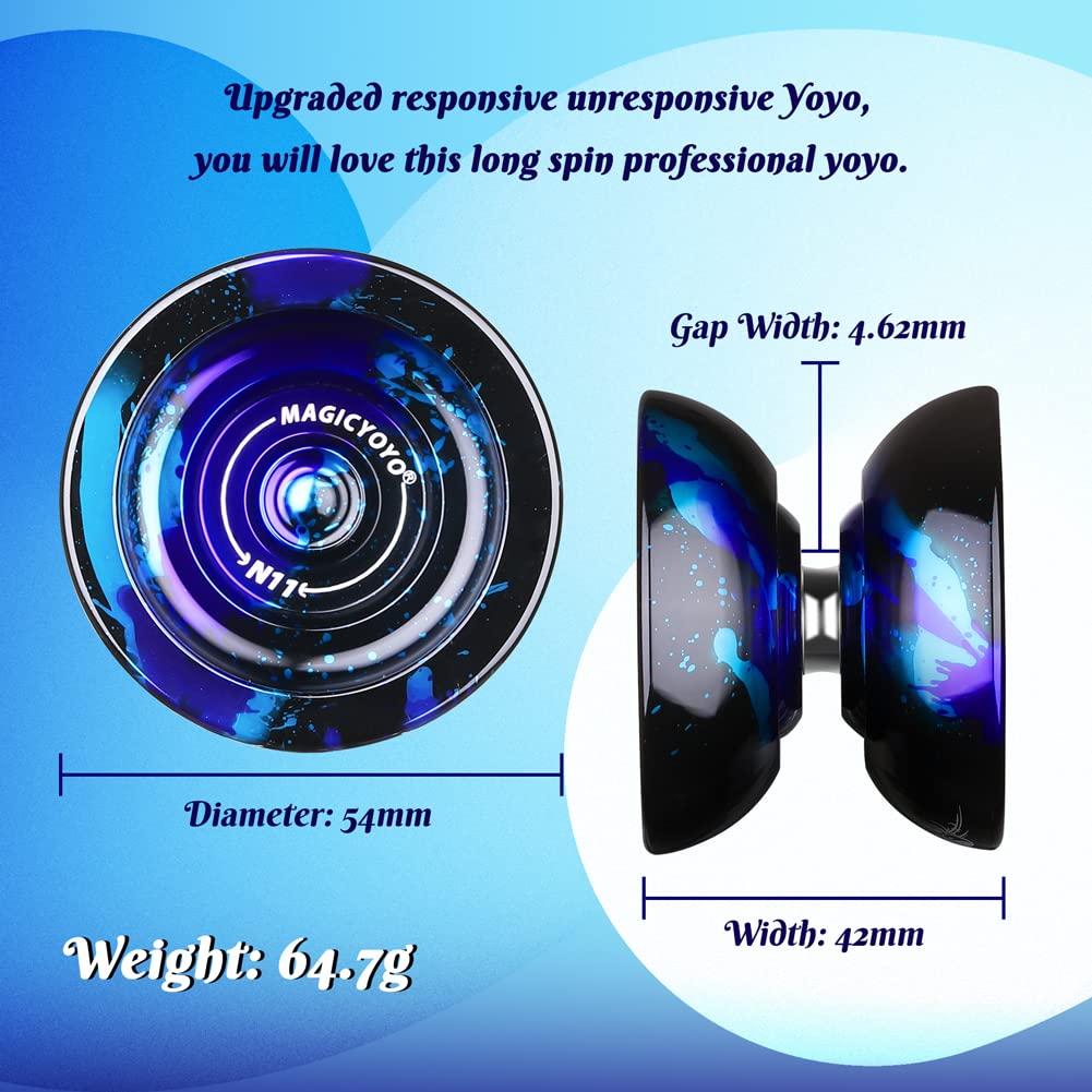 MAGICYOYO Professional Unresponsive Yoyo N11 Pack of 2, Alloy Metal Yoyo for String Trick, Dual Purpose Yoyo with 12 Yoyo Strings + 2 Bags + 2 Flat Bearings + Axle + Bearing Removal Tool