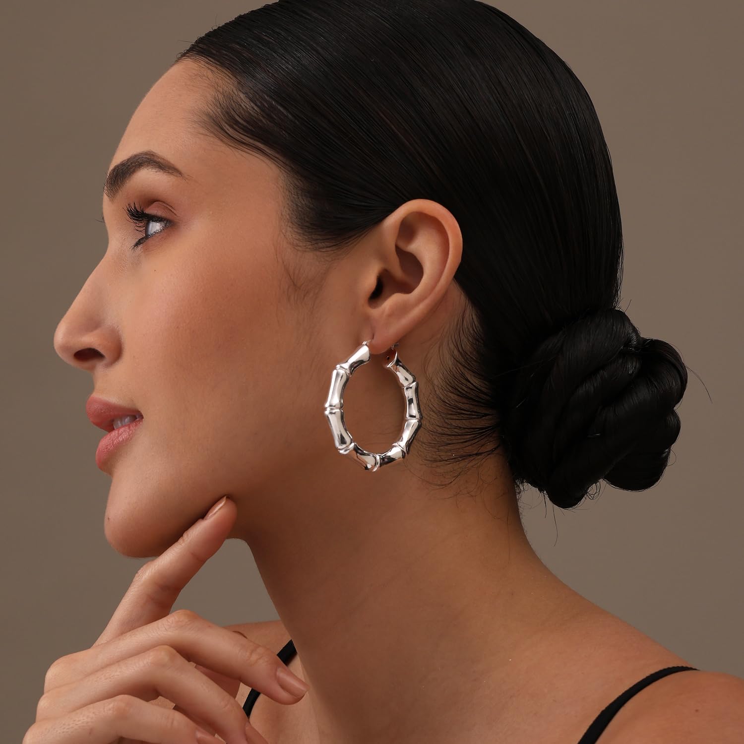 Lecalla Sterling Silver Bamboo Hoop Earrings for Women Trendy- Hammered 925 Sterling Silver 50 mm Large Chunky Women's Hoops Earring
