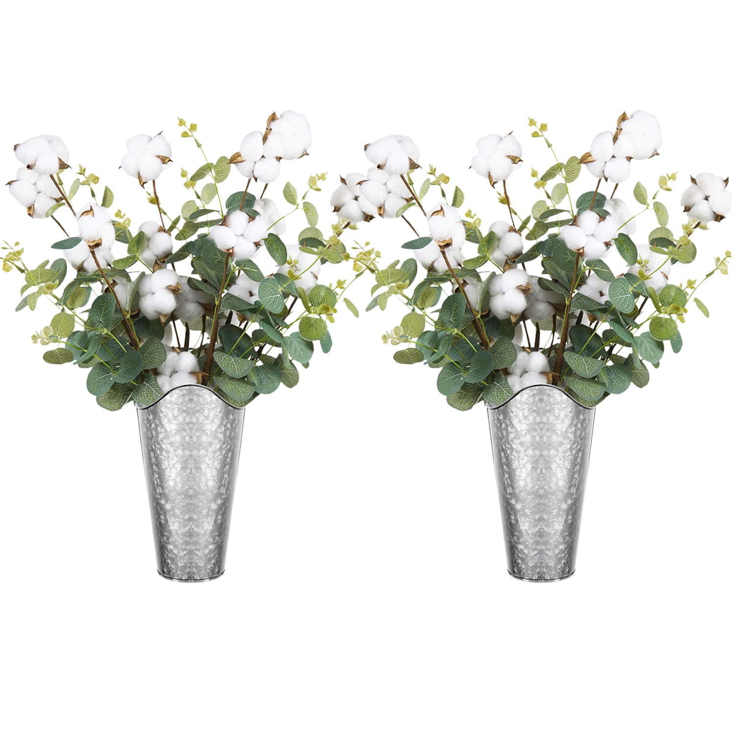LIBWYS Galvanized Wall Planter 2 Sets and 8 Cottons Stems with Eucalyptus Metal Hanging Vase for Farmhouse Rustic Style Country Home Wall Decor