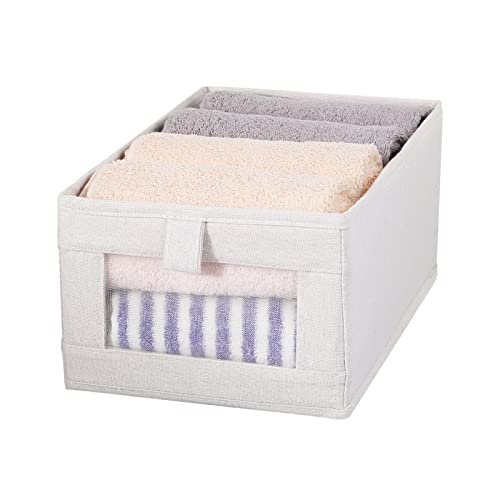 LaMorée Fabric Storage Bin Box Rectangular Cotton Linen Storage Basket Cube with Thick PP Board Clear Mesh Window Foldable Decorative Nursery Home Office Organizer Container – Beige, Large