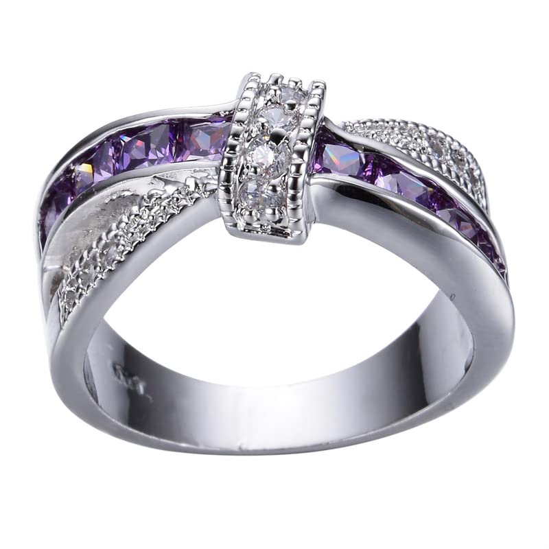 NP Silver Rings Personalized Engraved Cross-Finger Birthstone Ring Sterling Silver 925 Promise Ring for Her Wedding Band Ring Engagement Ring(Purple,7)