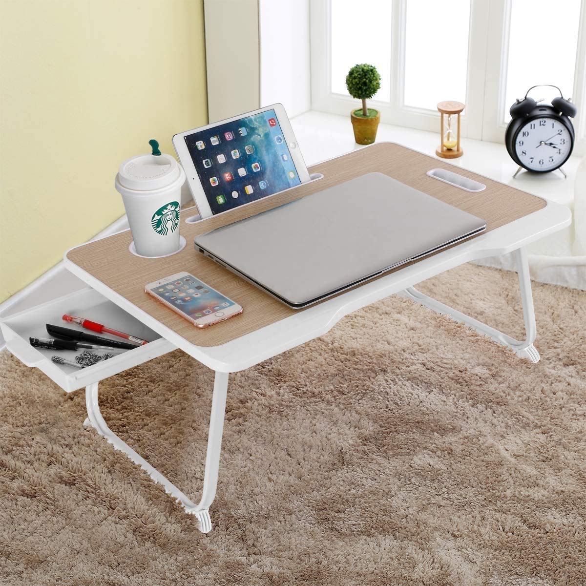Laptop Desk with Drawer, Astoryou Portable Laptop Bed Tray Table Notebook Stand Reading Holder Built in Convenient Handle & Foldable Legs & Cup Slot for Bed/Sofa/Couch/Floor (Beige)