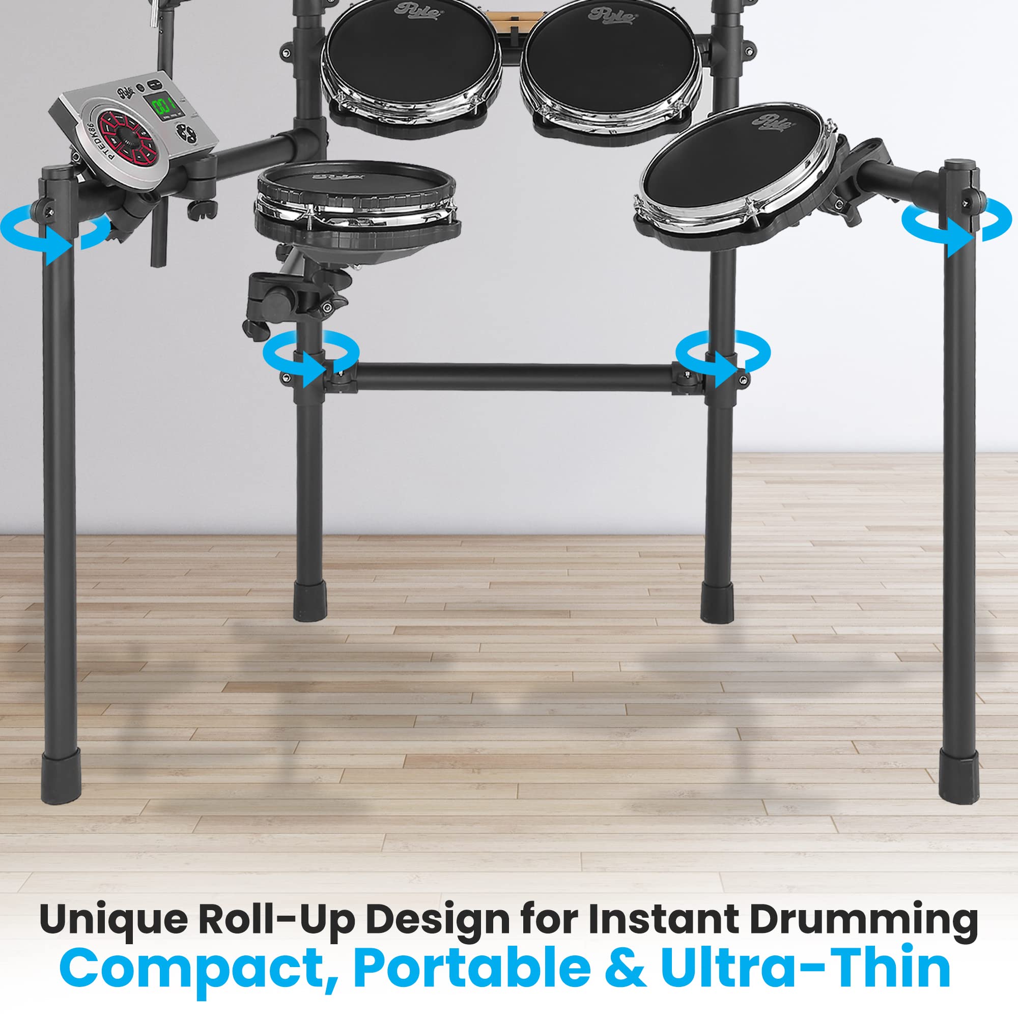 Pyle Electric Drum Set-Portable Quiet Electronic Kit with Mesh, Touch Sensitive Pads for Beginner, Supports MIDI (Mac & PC), Easy to Setup, Sticks Included for Home&Outdoor-PTEDK86 Black