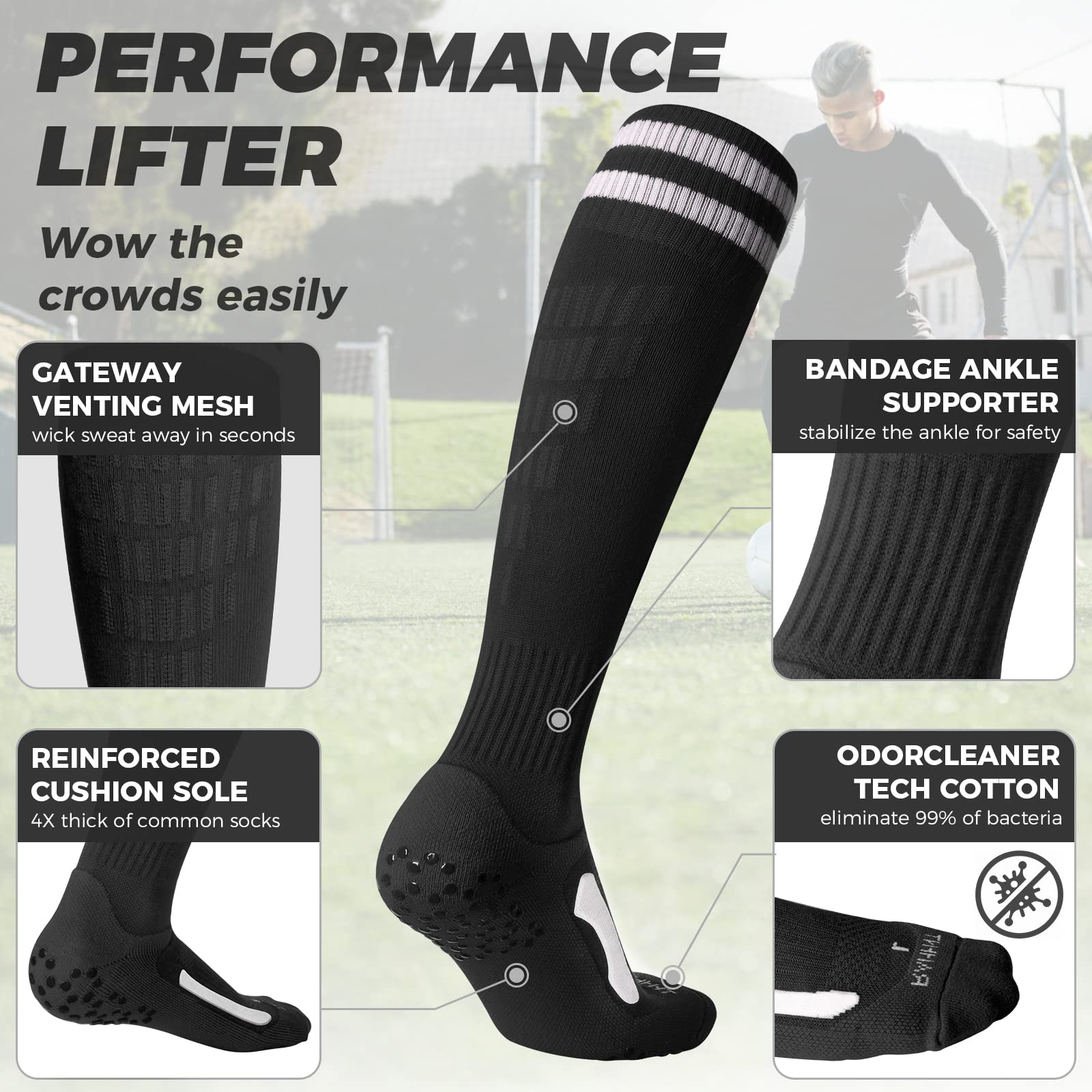 Rahhint Soccer Socks (1/2/4 Pack) Anti Slip Grip Socks Multi-Sport Compression Knee High Crew Socks for Adult&Children