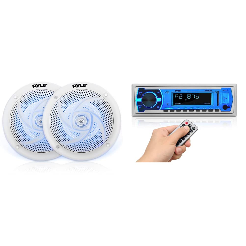 Pyle Marine Speakers and Stereo Receiver Bundle - 6.5 Inch Waterproof Outdoor Audio System with LED Lights and Bluetooth Radio (240 Watt)