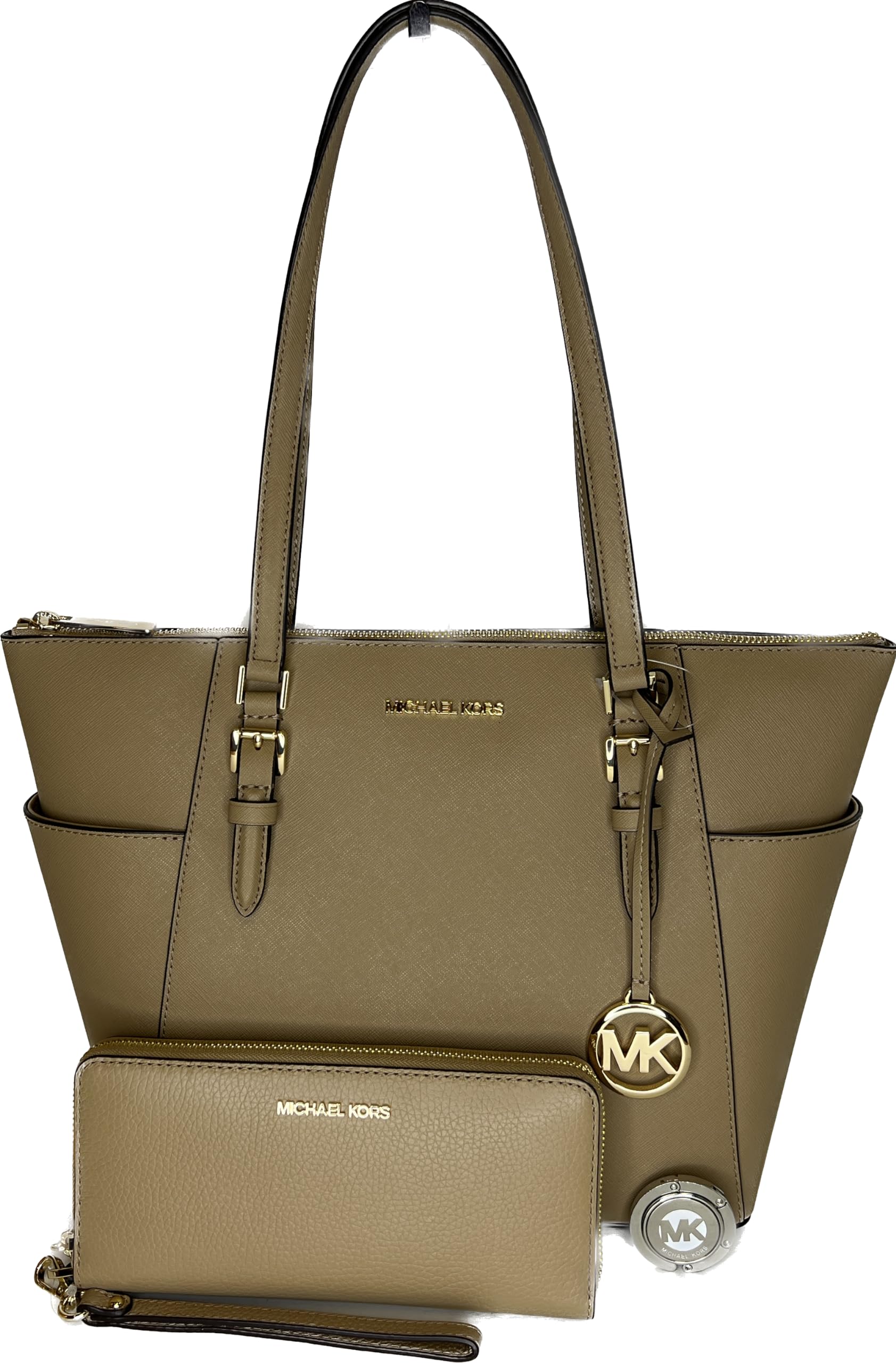 Michael Kors Charlotte Large Zip Tote bundled with matching Continental Wristlet and Purse Hook (Sig MK Mulberry)
