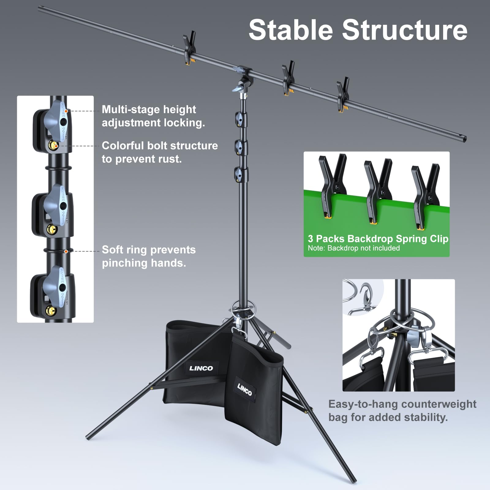 LINCO Lincostore T-Shape Portable Background Backdrop Support Stand Kit 6.7ft Wide 9.5ft Tall Adjustable Photo Backdrop Stand with 3 Clamps