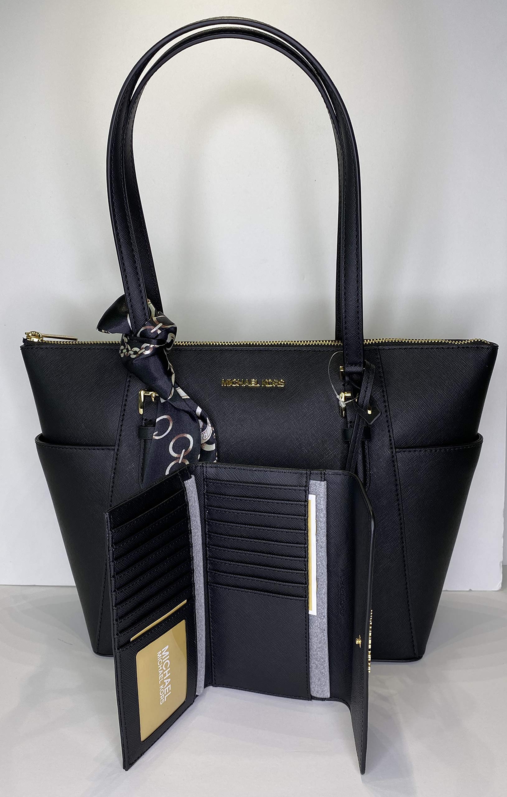 Michael Kors Charlotte Large Zip Tote bundled with matching Trifold Wallet Purse Hook (Signature MK Vanilla/Pink)