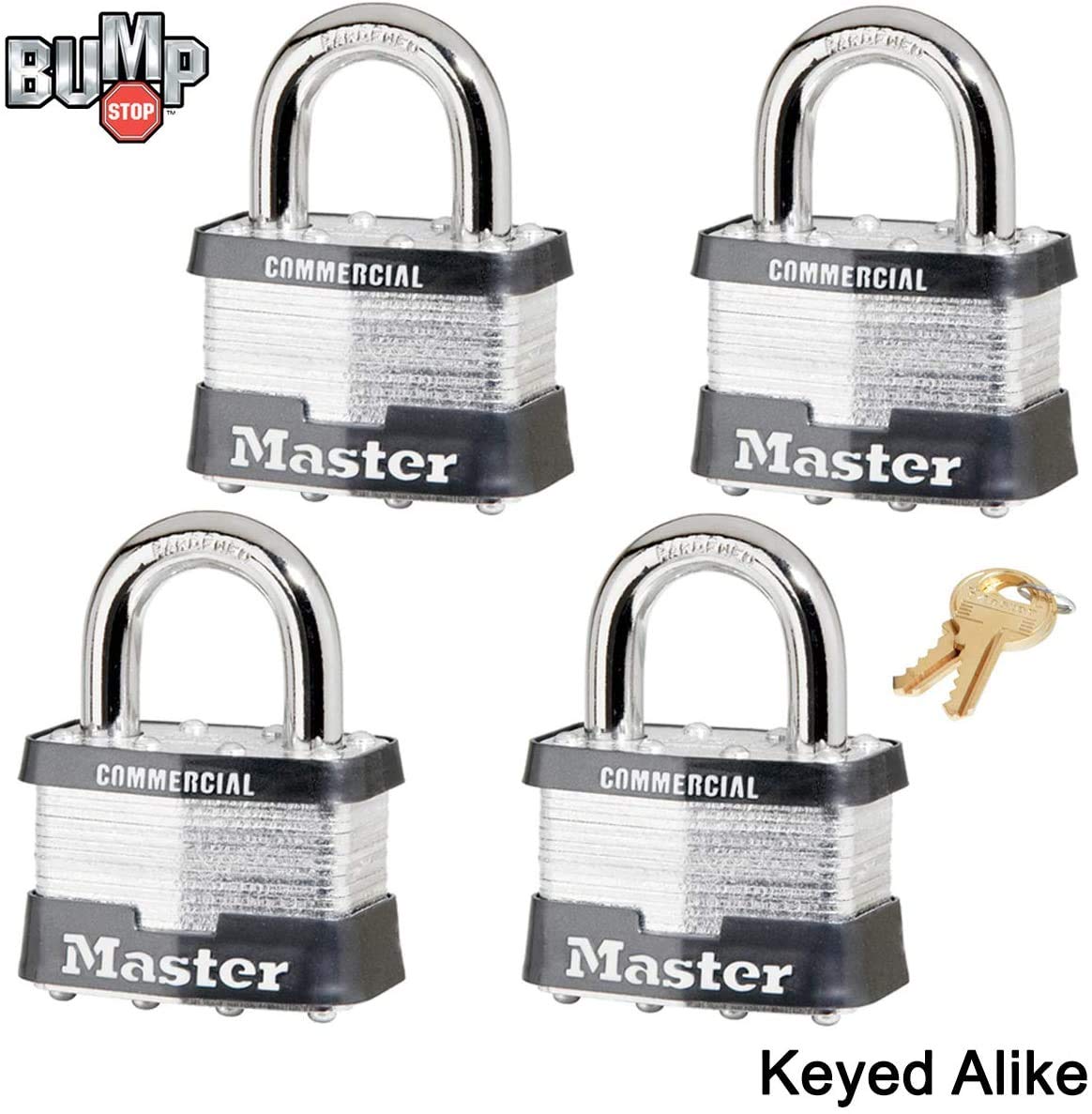 Master Lock Padlock - 2" W Body x 1" L Shackle, Four (4) Keyed Alike Locks 5 NKA-4 w/Bump Stop Technology