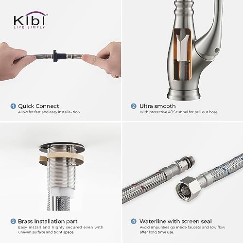 KIBI Summit Single Handle Pull Down Faucet for Kitchen Sink | Solid Brass High Arc Faucet Spout | 360 Degree Swivel Faucet with Pull Down Sprayer (Brushed Nickel) (KKF2009) (Soap Dispenser included)
