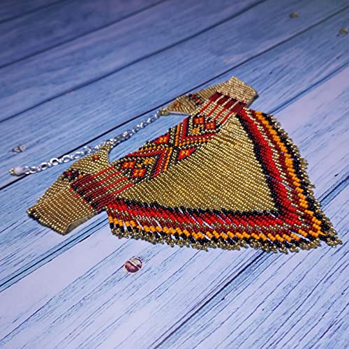 Native American Style Beaded Necklaceā Ukrainian beaded Necklace Native Handmade Seed Bead Necklace,Tribal ethnic beaded necklace (Golden)