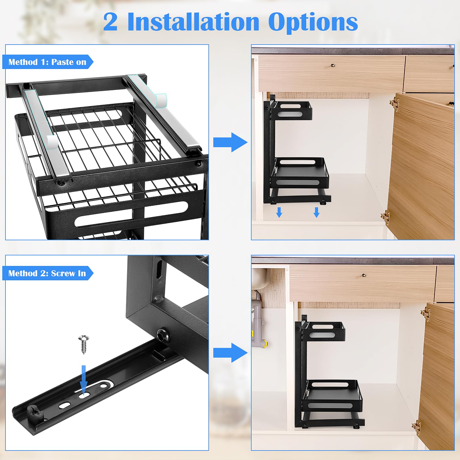 LINGSFIRE Pull Out Cabinet Organizer 2-Tier Under Sink Organizers & Storage Slide Out Pantry Shelves Carbon Steel Under Cabinet Storage Multi Purpose Pull-Out Home Organizers Kitchen Bathroom, Black