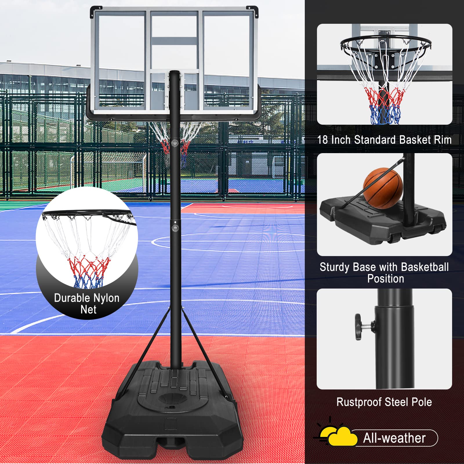 Rakon Teenagers Height Adjustable 6.5-10'Basket 44 "Backboard Portable Basket System for Indoor and Outdoor use