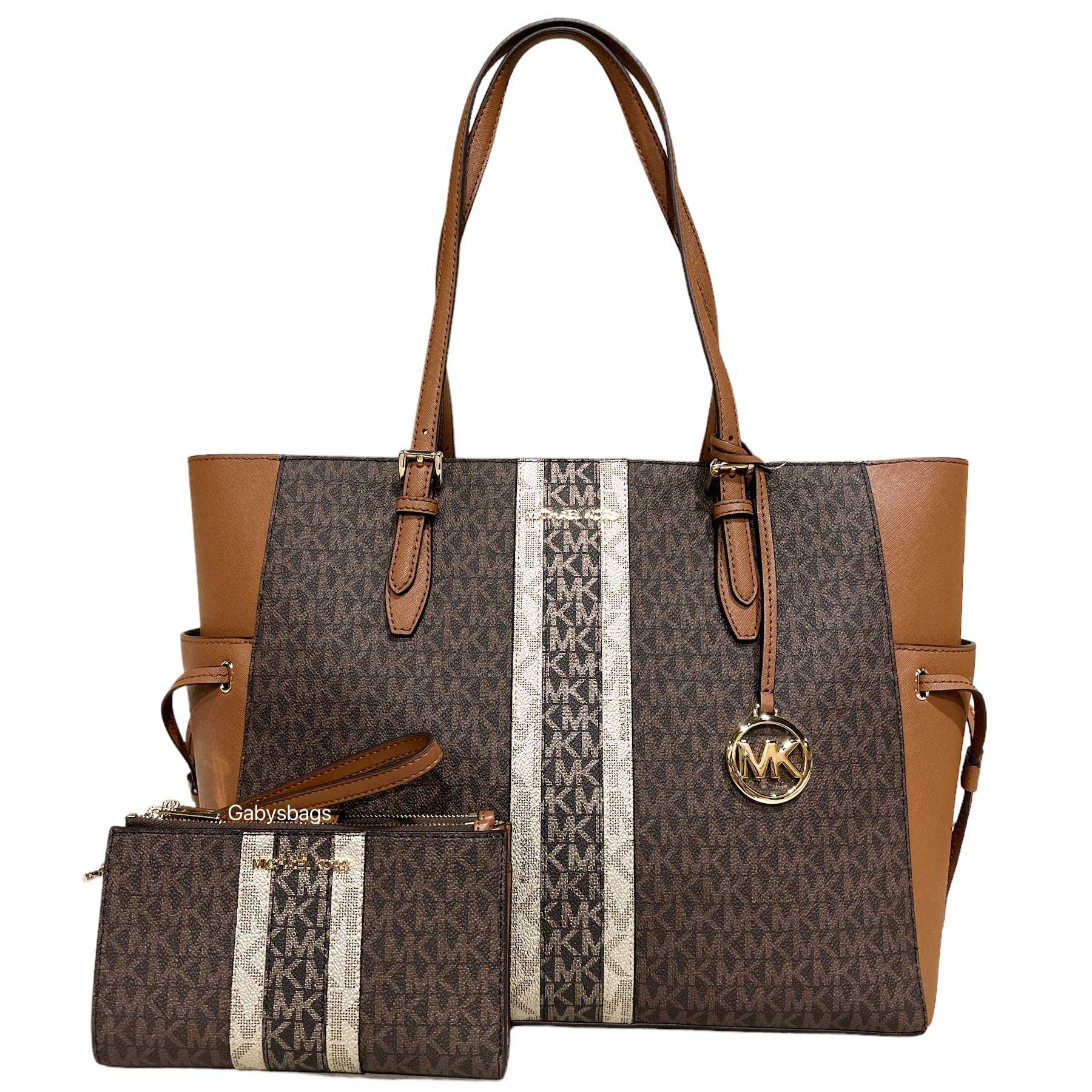 Michael Kors Gilly Large Drawstring Zip Tote Brown Multi Luggage Stripe Bundled Jet Set Large Double Zip Phone Wristlet MK Brown Stripe