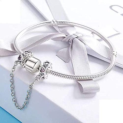 LUCKYBEADS Heart Safety Chain Charms 925 Sterling Silver Love Beads fit Bracelet & Necklace (Pink)
