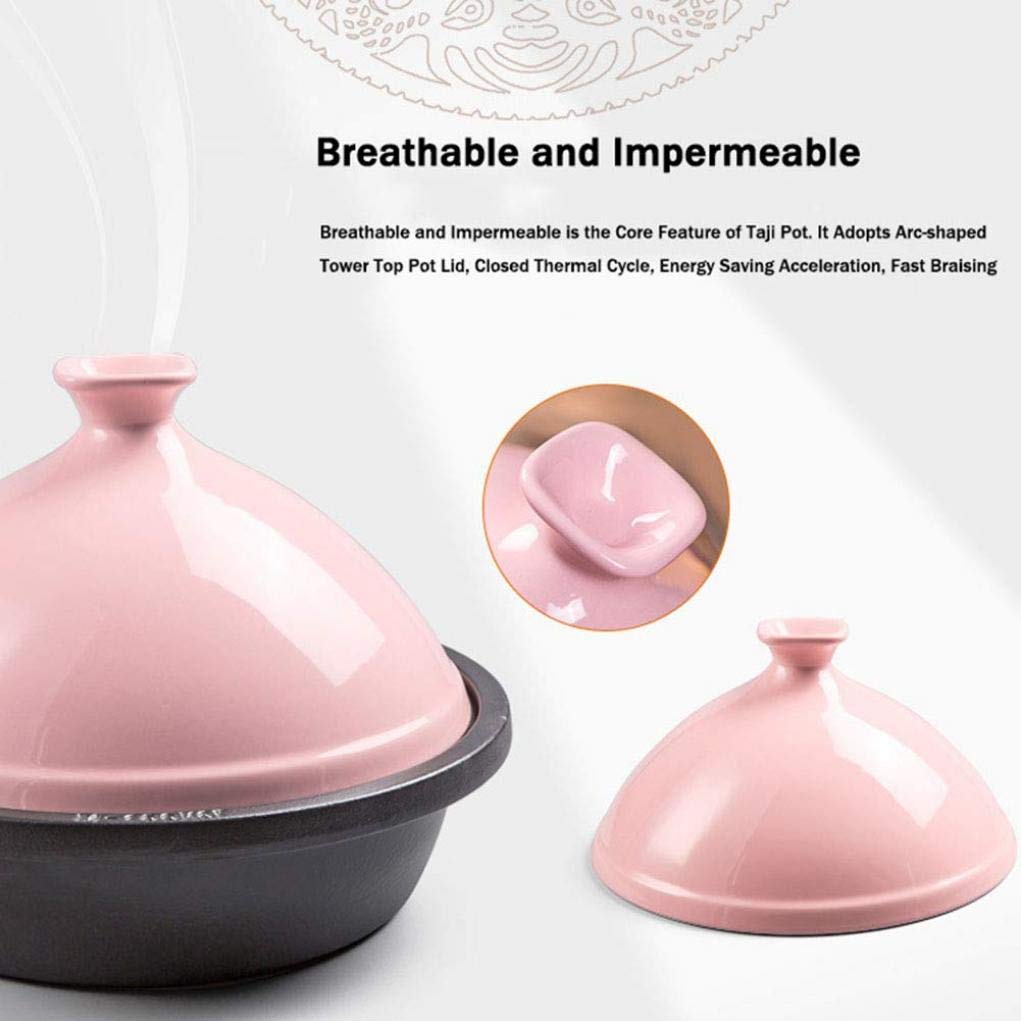 MYYINGBIN 3 Liters Moroccan Tagine Pot Cast Iron Base Ceramic Lid Clay Casserole Suitable for 3-6 People, Pink