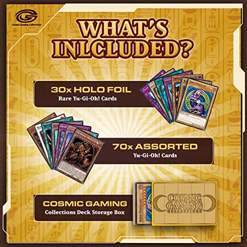 Yugioh Holo Foil Rares Collection | 30x Holographic Foil Rares + 70 Additional Cards| 100x Total Cards | Guaranteed Authentic | Includes Cosmic Gaming Collections Deck Storage Box