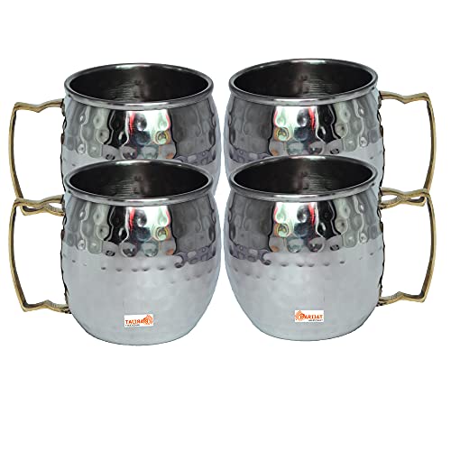 PARIJAT HANDICRAFT Stainless steel copper serving kadhai pan with steel mug and embossed brass shot jigger