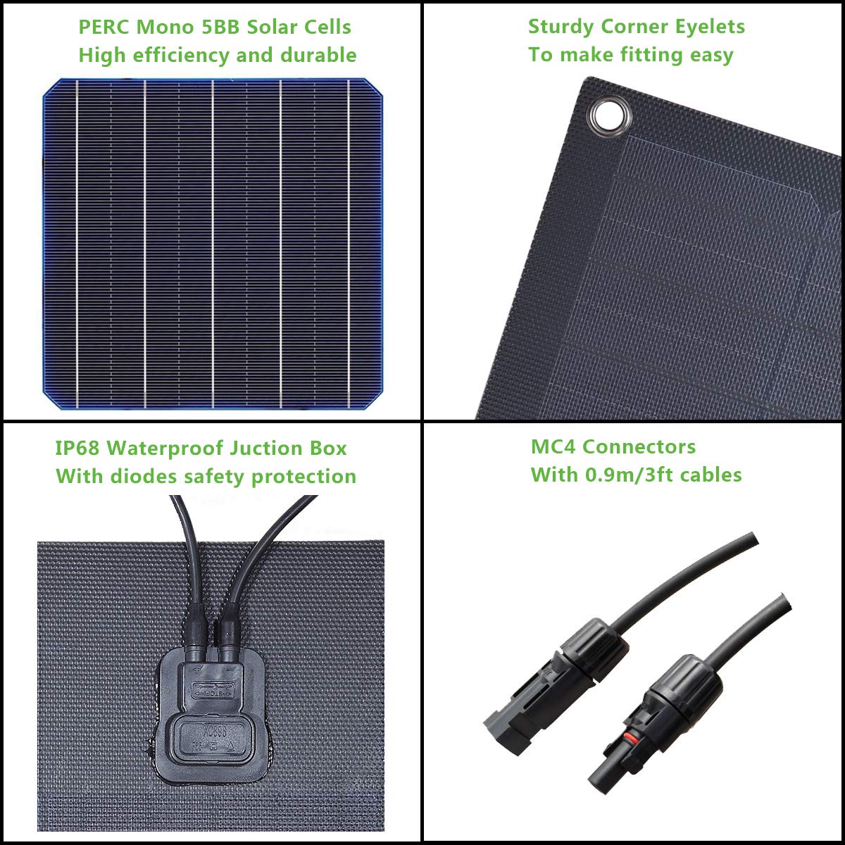 Lensun 100W 12V ETFE Black Flexible Solar Panel with Rubber Strip, Ultra Lightweight for RV Camper Boat