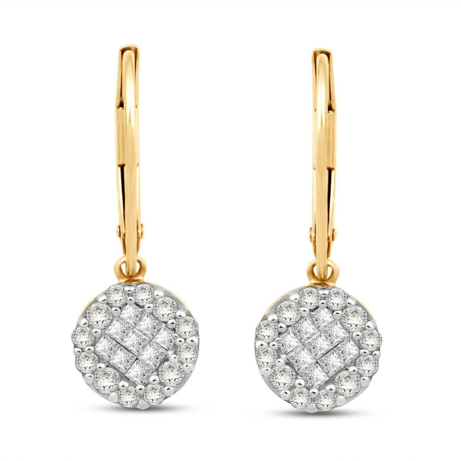 Jewelili 10K Yellow Gold 1/2 Cttw Natural White Princess and Round Diamonds Dangle Earrings