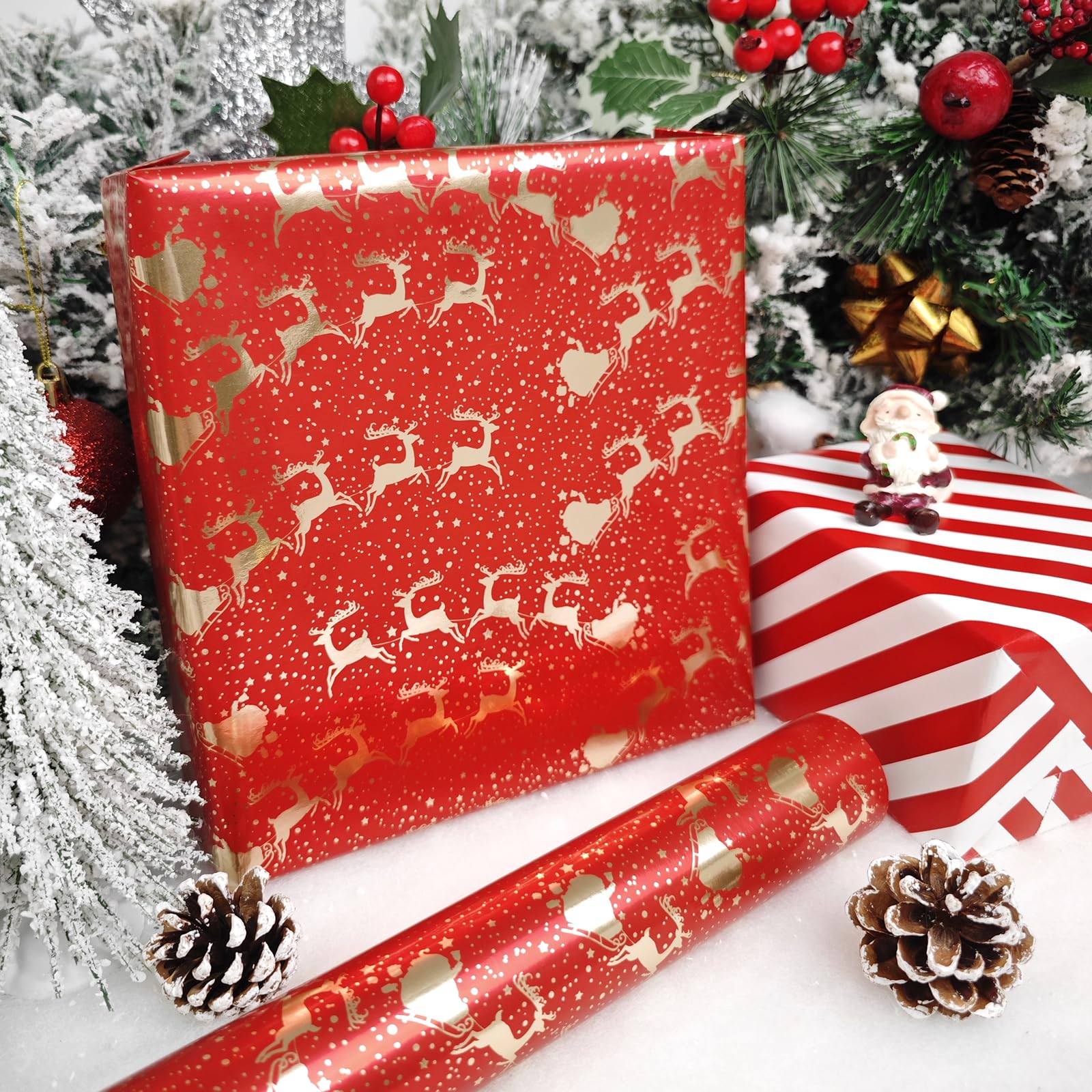 LDGOOAEL Reversible Christmas Wrapping Paper Jumbo Roll - Red with Gold Foil Reindeer & Stripes - 30 inches x 100 Feet