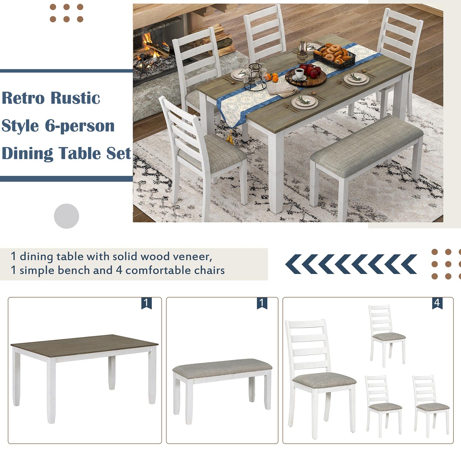 KASUE Rustic-Style 6-Piece Dining Table Set with 4 Upholstered Chairs, Bench, and 60'' Rectangular Table - Brown & Whitewash Finish