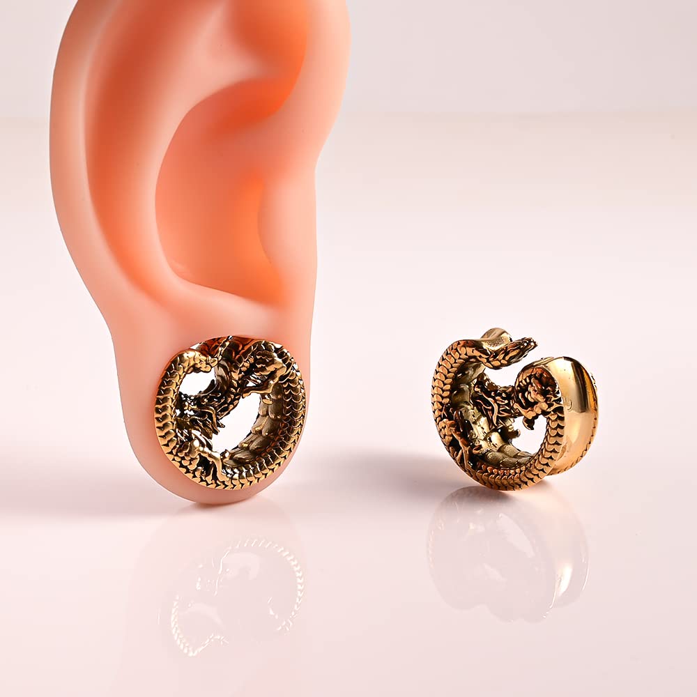 Maxbott 2PCS Stainless Steel Ear Plugs Dragon Saddle Tunnels Ear Gauges Piercing Body Jewelry (19mm(3/4"), Gold)
