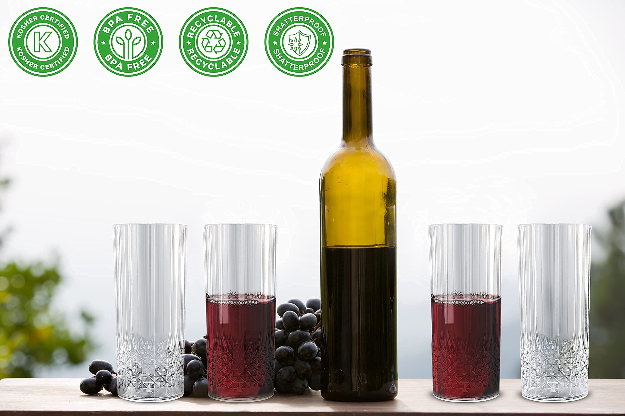 PARTY BARGAINS 8 Crystal-Like Highball Glasses (14oz) - Disposable Shatterproof Elegant Design Glass Sets for Drinking, For Pool Parties, Outdoors Receptions, Weddings