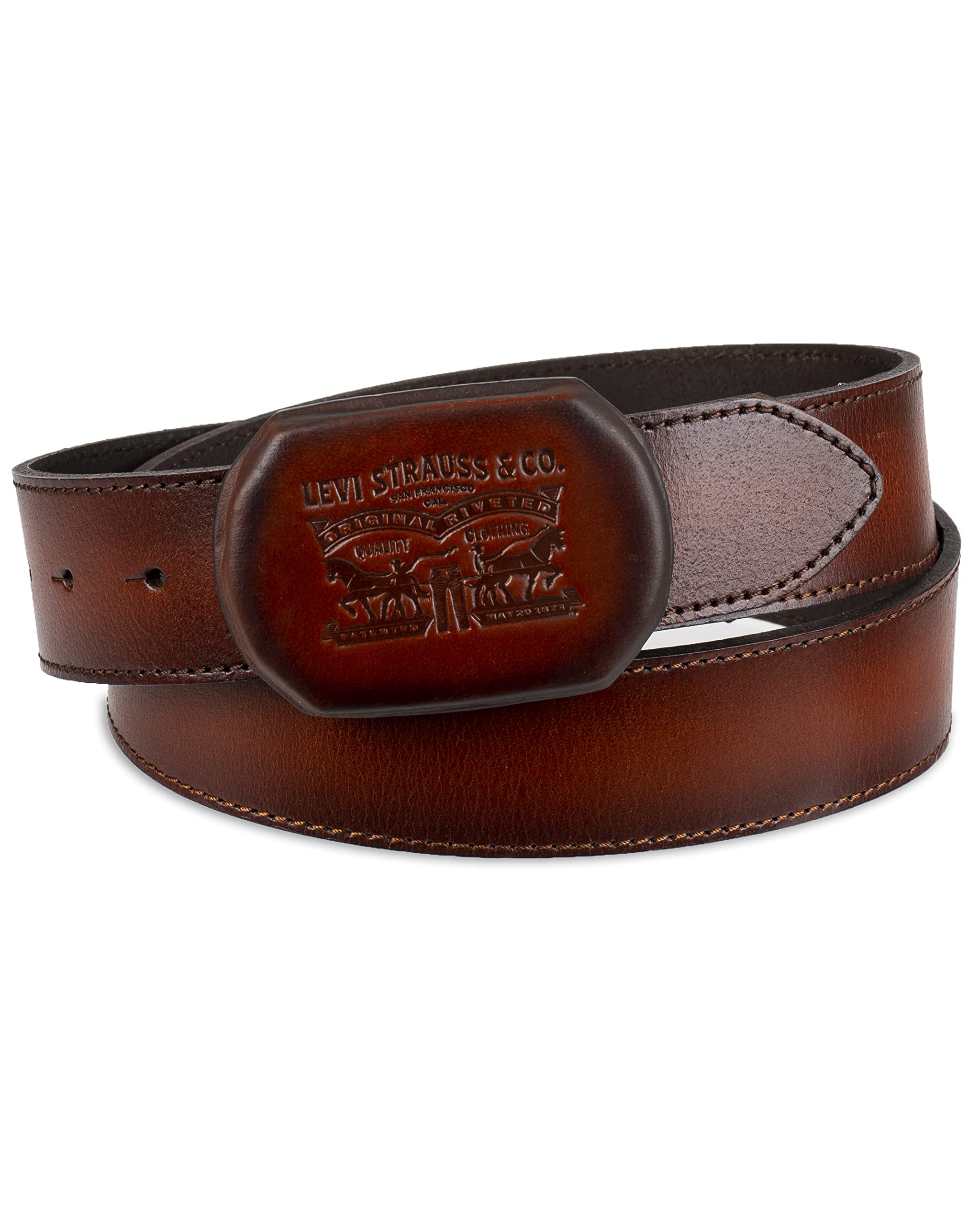 Levi's Men's Leather Jeans Belt with Plaque Logo, Tan Buckle, Medium (34-36)
