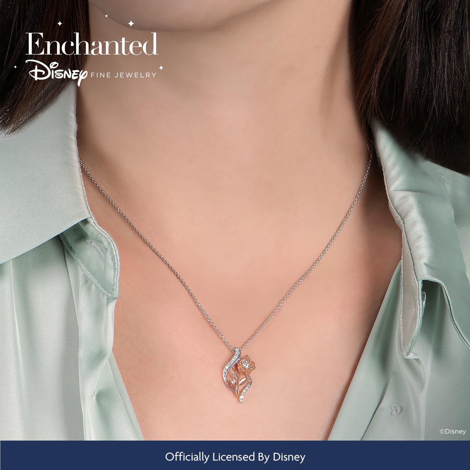 Jewelili Enchanted Disney Fine Jewelry 14K Rose Gold Over Sterling Silver 1/5 Cttw Diamond Belle Rose Pendant