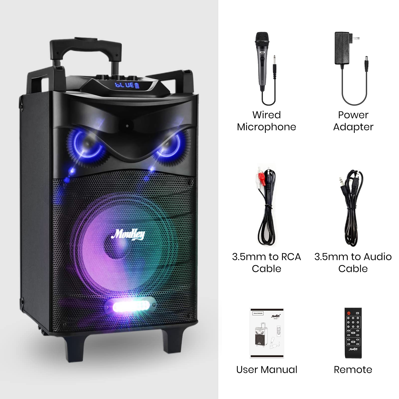 Moukey Karaoke Machine, Outdoor Speaker with Echo/Treble/Bass Adjustment, Small PA System, Portable Bluetooth Speaker with LED Light, Supports Wired/Wireless Microphone/TWS/REC/AUX IN/MP3/USB/TF/FM