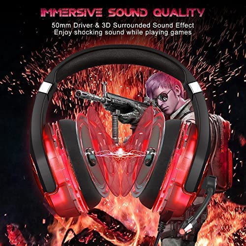 ONIGAL Gaming Headset with Microphone, Wired Headphones with LED Lights (red)