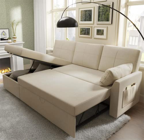 VanAcc Sleeper Sofa, Sofa Bed- 2 in 1 Pull Out Couch Bed with Storage Chaise for Living Room, Beige Chenille Couch