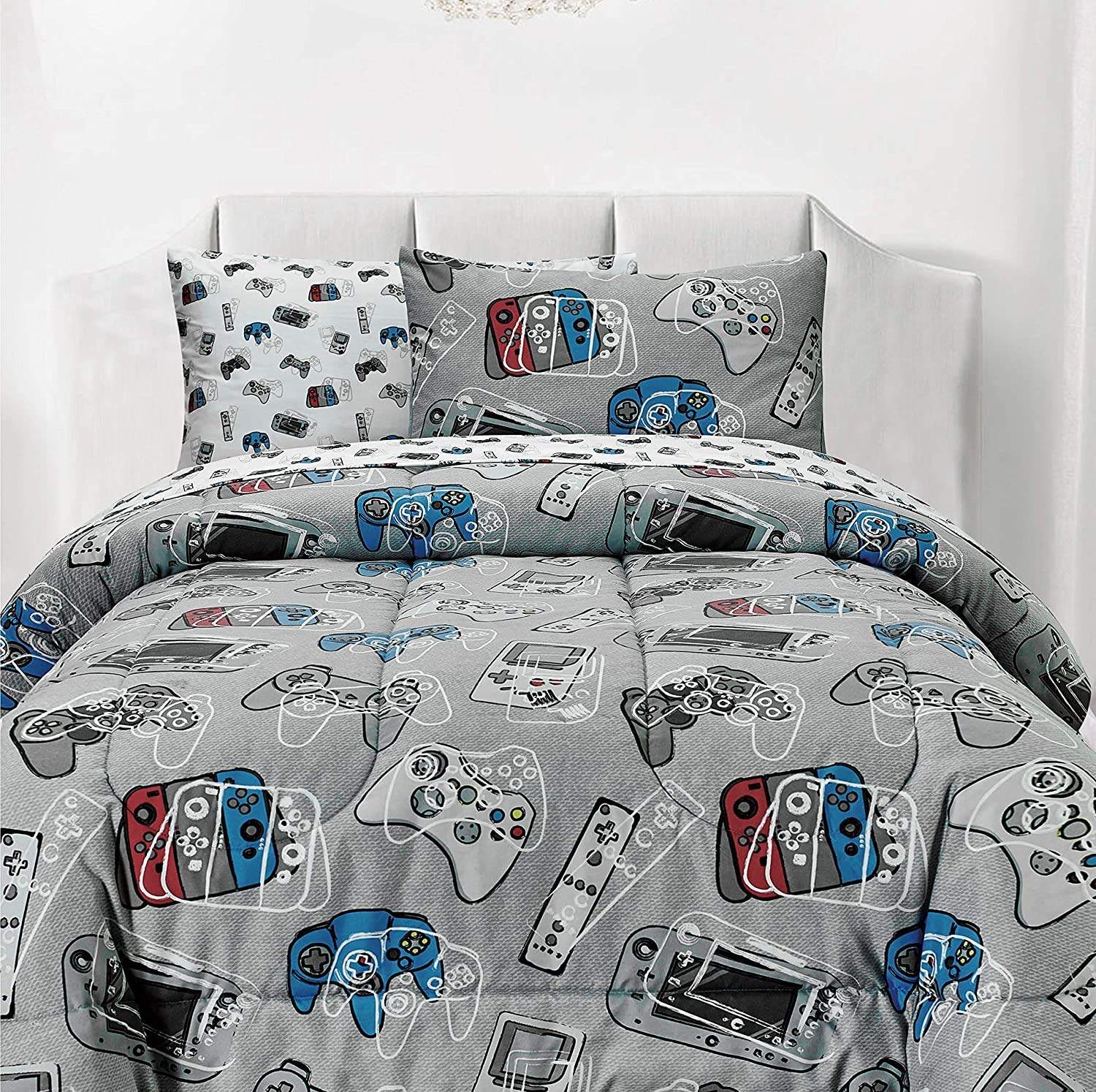 Kids Rule 3-Piece Game Controllers Sheet Set | 1 Twin Flat Sheet, 1 Twin Fitted Sheet & 1 Queen Pillowcase | 100% Softly Brushed Microfiber Polyester | Soft, Smooth & Durable | Ideal for Kids | Grey