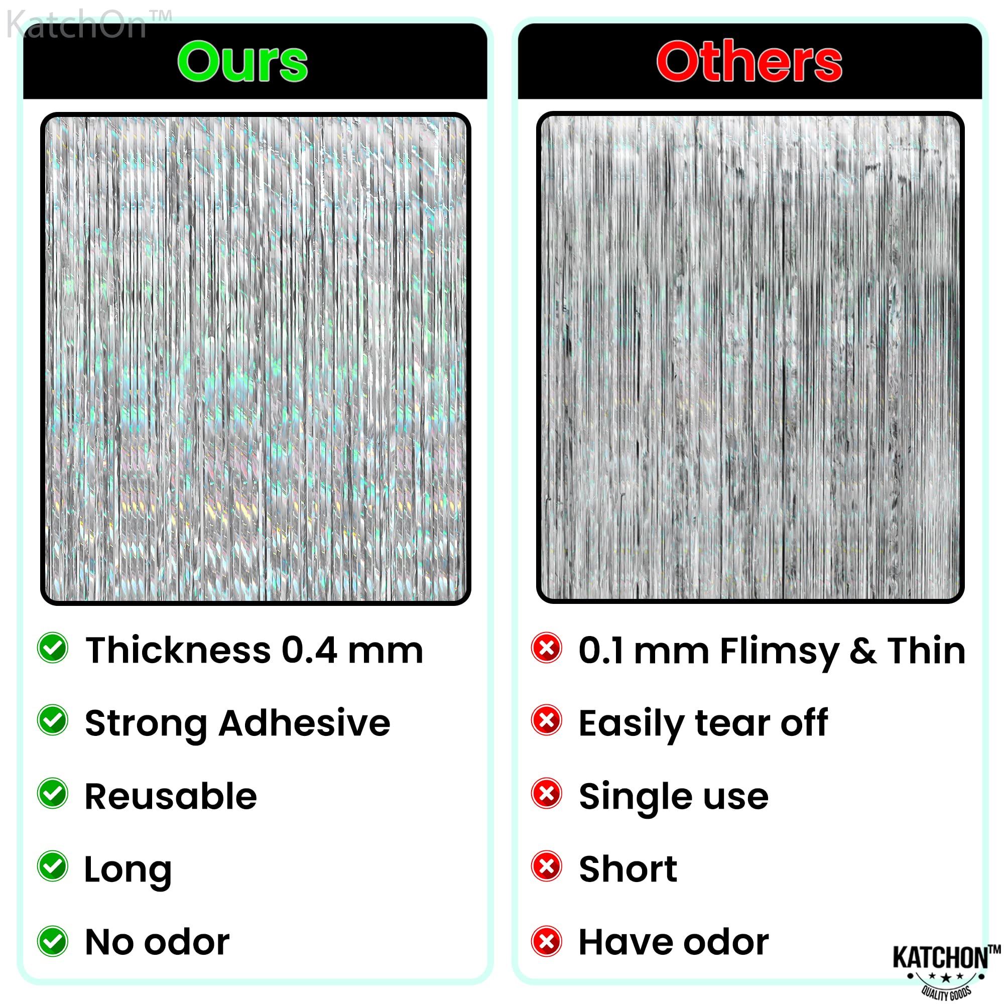 KatchOn, Holographic Silver Streamer Backdrop - XtraLarge 3.2x8 Feet, Pack of 2 | Silver Fringe Backdrop for Silver Streamers Party Decorations | Silver Tinsel Backdrop for Disco Party Decorations