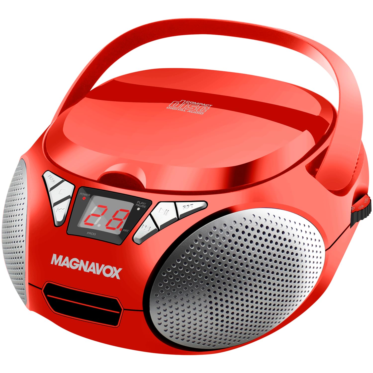 Magnavox MD6924 Portable Top Loading CD Boombox with AM/FM Stereo Radio in Black | CD-R/CD-RW Compatible | LED Display | AUX Port Supported | Programmable CD Player | (Red)