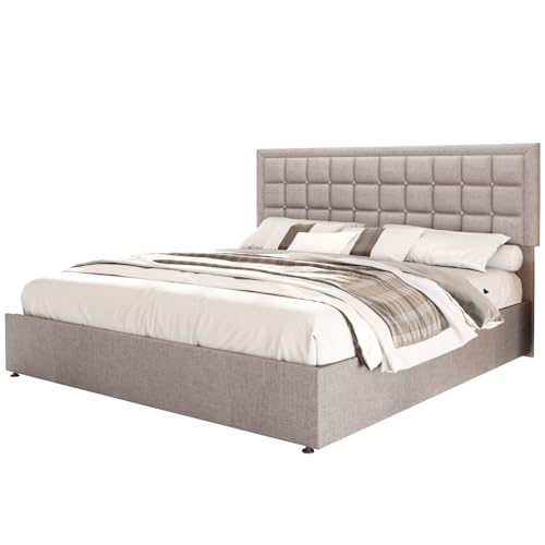 Jocisland Floating Queen Bed Frame with LED Lights, Upholstered Platform Bed with Adjustable Headboard, No Box Spring Needed, Easy Assembly, Light Grey