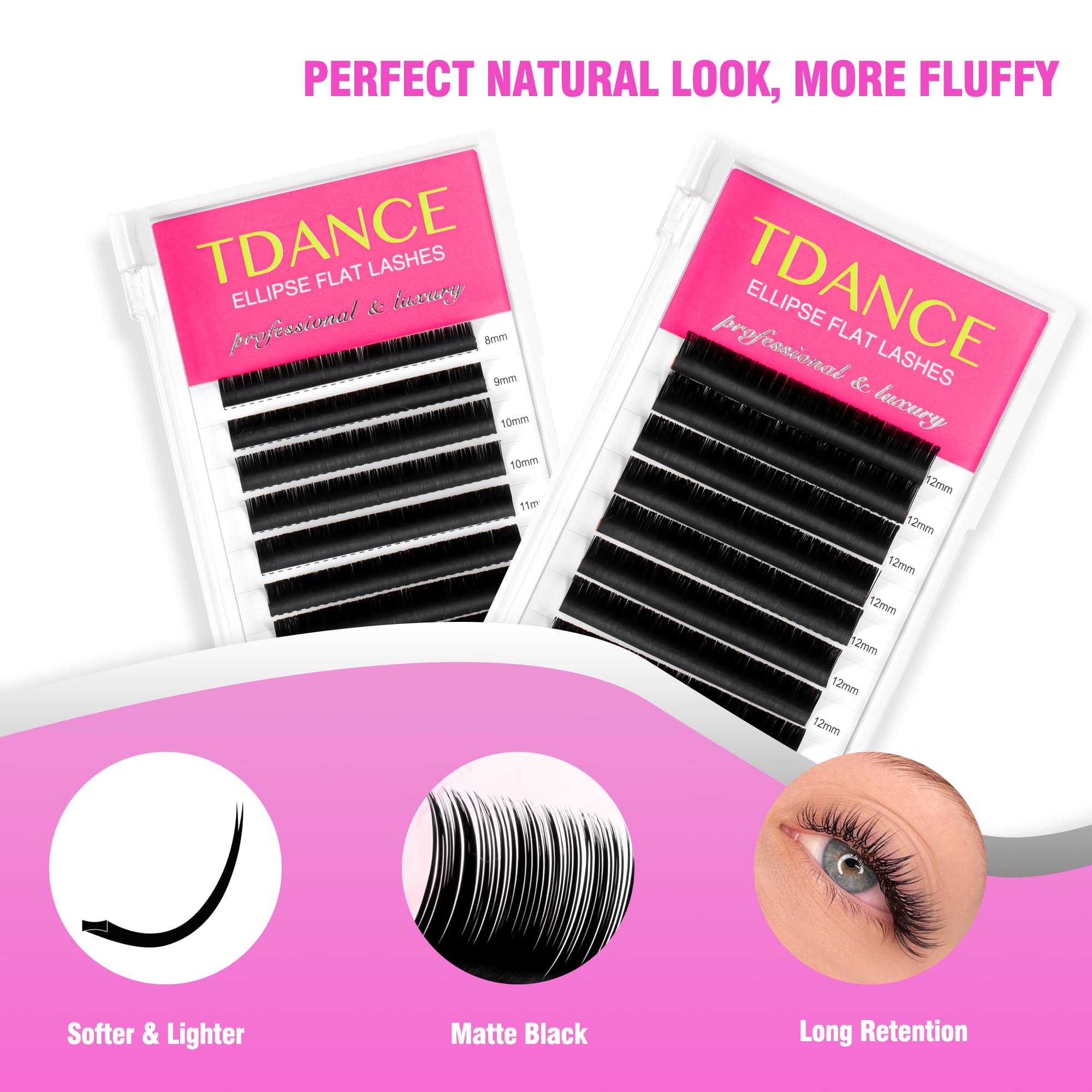 TDANCE Easy Fan Lashes Volume Eyelash Extensions 0.07 D Curl Mix 14-19mm + Ellipse Flat Lashes 0.15 D Curl 8-15mm