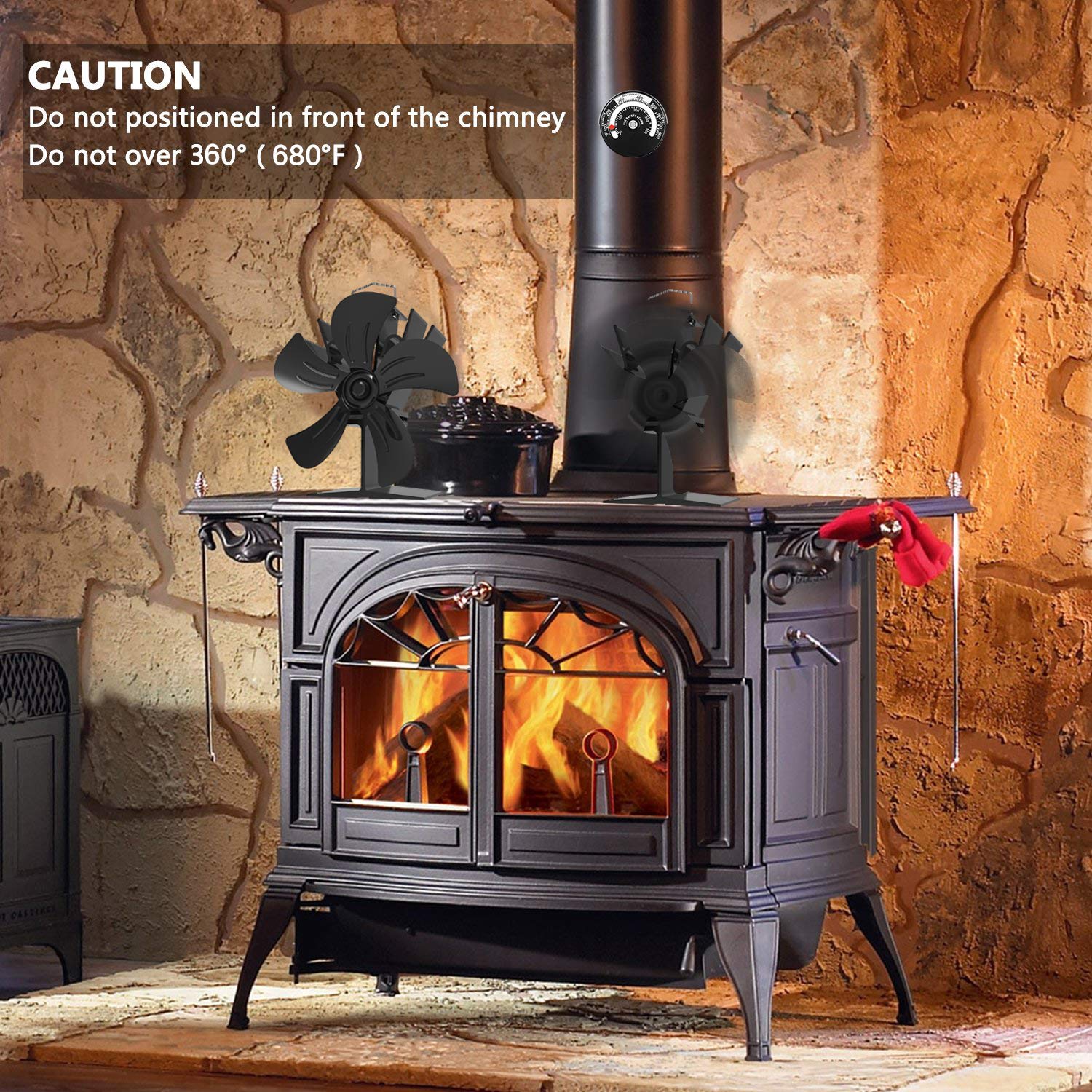 KINDEN Wood Stove Fan 5-Blade - Heat Powered Log Burner Eco-Friendly with Stove Thermometer (Aluminium Black, Large Size) Patent Pending