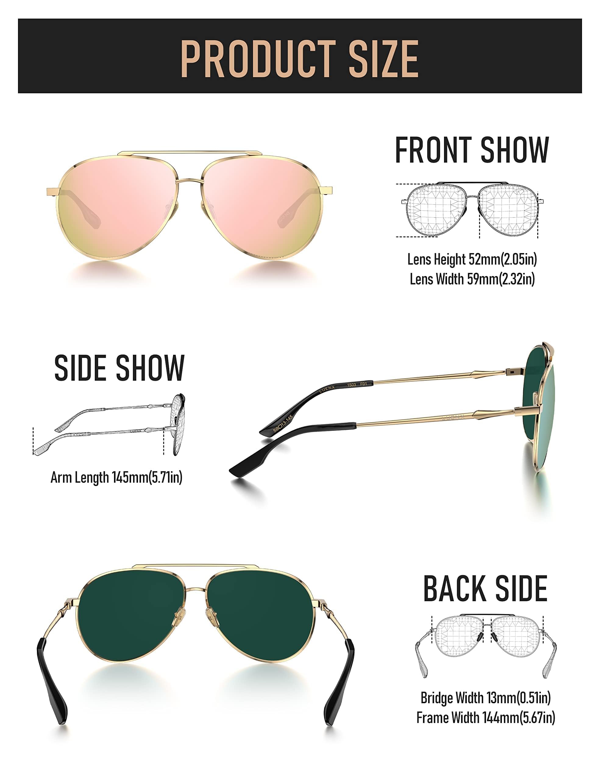 LUENX Men Women Aviator Sunglasses Polarized - UV 400 Protection Black Non Mirror Lens Metal Frame with Accessories 60mm
