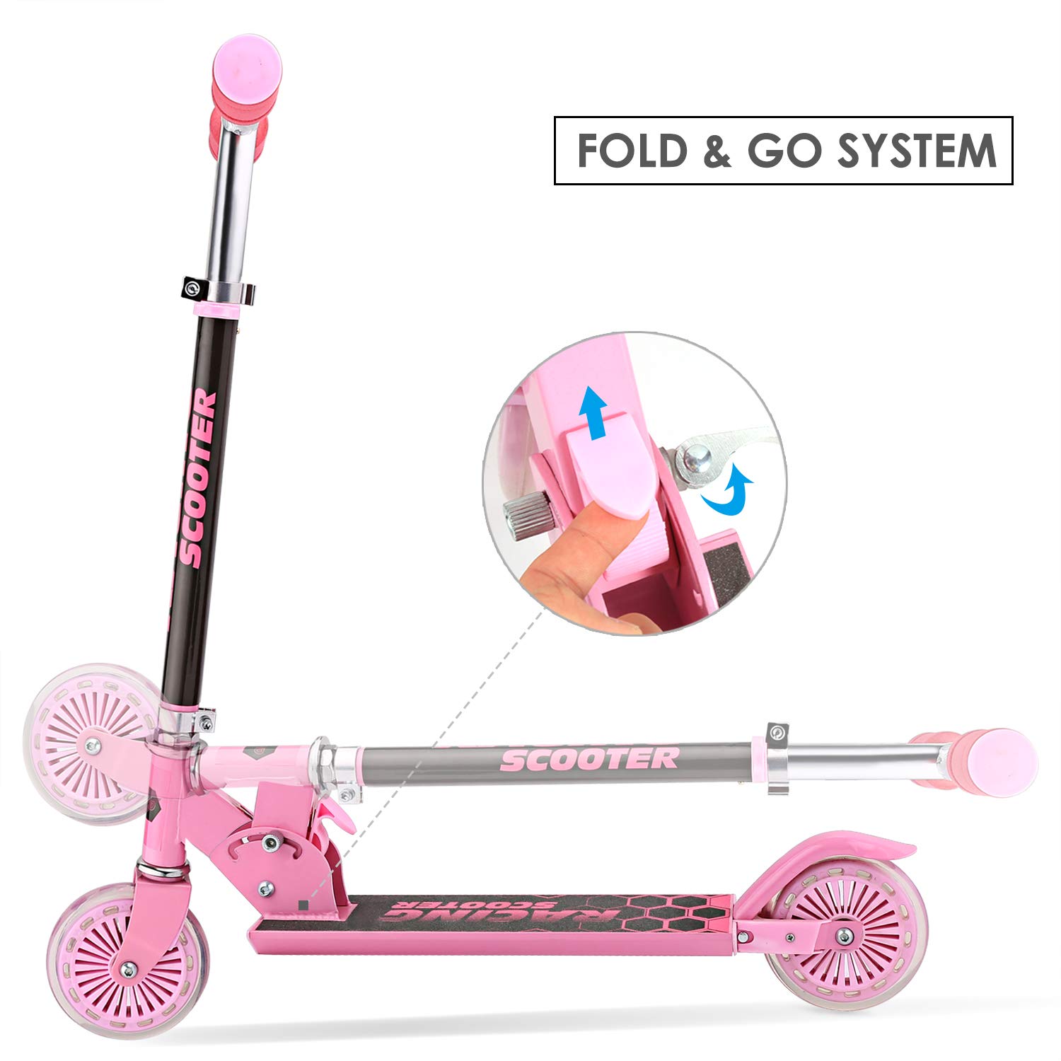 Kids Scooter 2 Wheels by WeSkate Foldable Kick Scooters for Girls Boys Aged 3+, Smooth-Gliding, Adjustable Handles Scooters with LED Light Up PU Wheels, Lightweight Construction