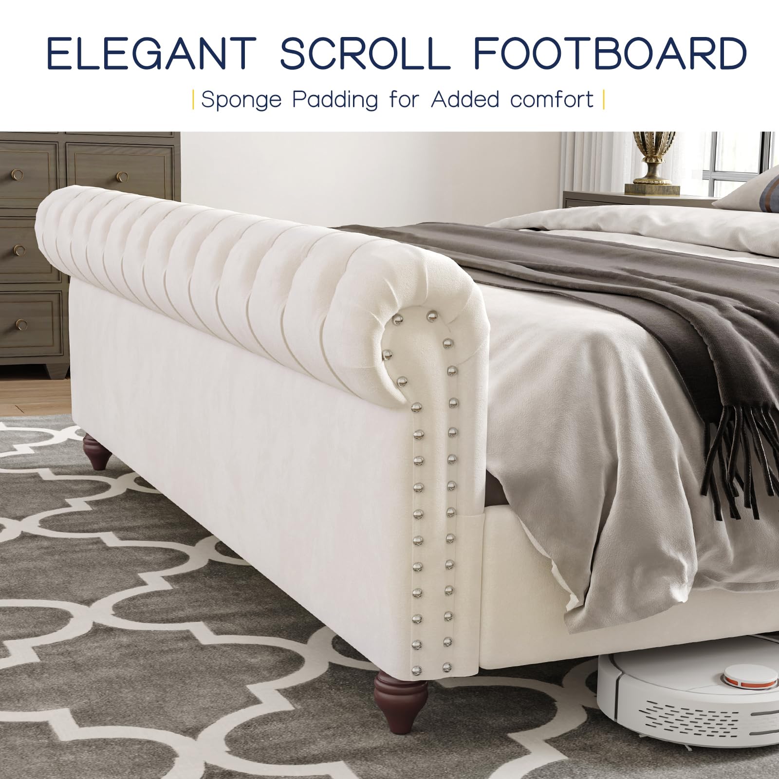 Jocisland King Platform Bed Frame Upholstered Sleig Bed with Scroll Wingback Headboard & Footboard/Deep Button Tufted/No Box Spring Required/Cream
