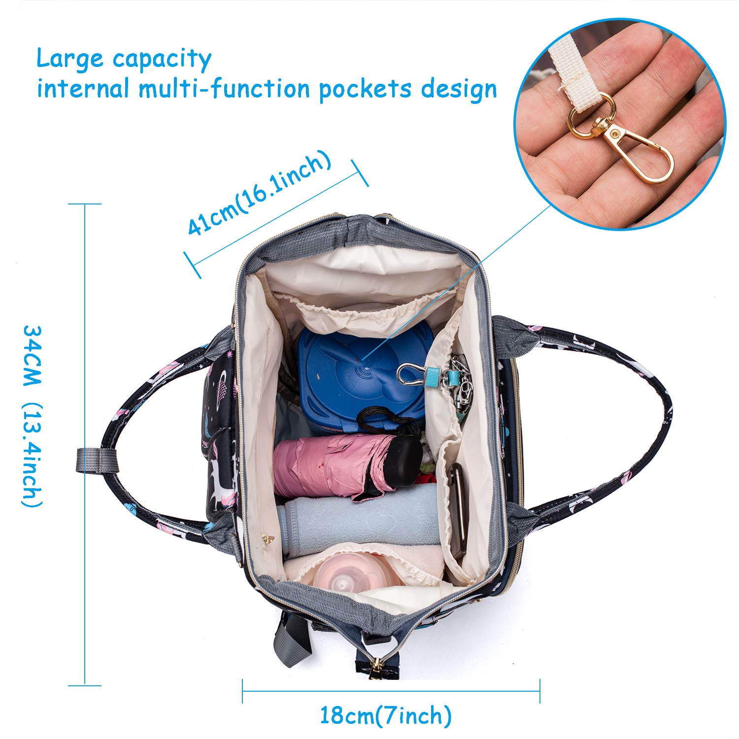 LEQUEEN Diaper Bag Backpack, Unicorn Multifunction Travel Back Pack Maternity Baby Changing Bags (Black)