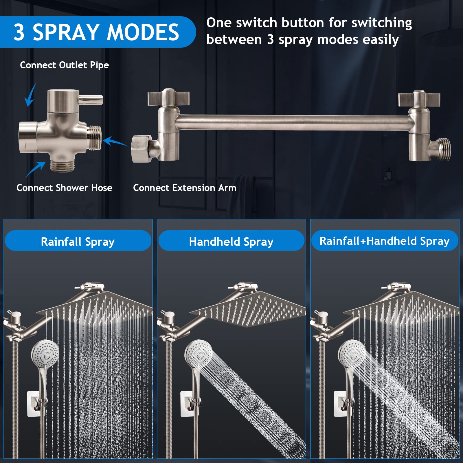 Shower Head Combo(Brushed Nickel),10'' High Pressure Rain Shower Head with 11'' Adjustable Extension Arm and 5 Settings Handheld,Powerful Shower Spray Against Low Pressure Water